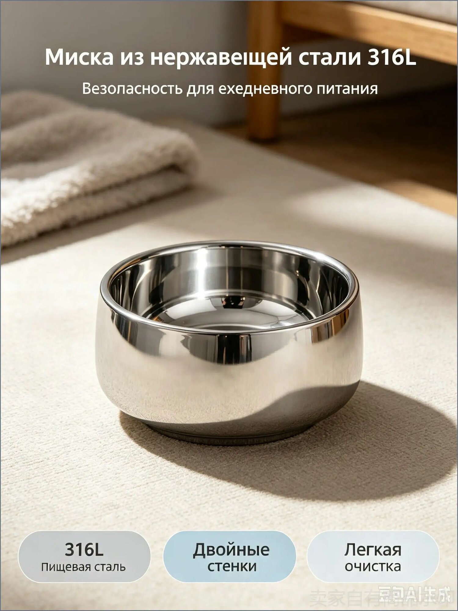 Миска для кошек и собак Mr.Kranch / Мистер Кранч Straight Line Bowl с нескользящим основанием нержавеющая сталь серебристая 350мл / товары для животных