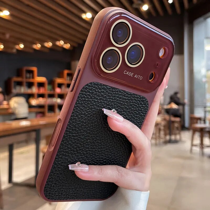 Роскошный чехол из кожи личи с большим окном для iPhone 17, 16, 15 iPhone 16 Plus, Красный, BlackRed