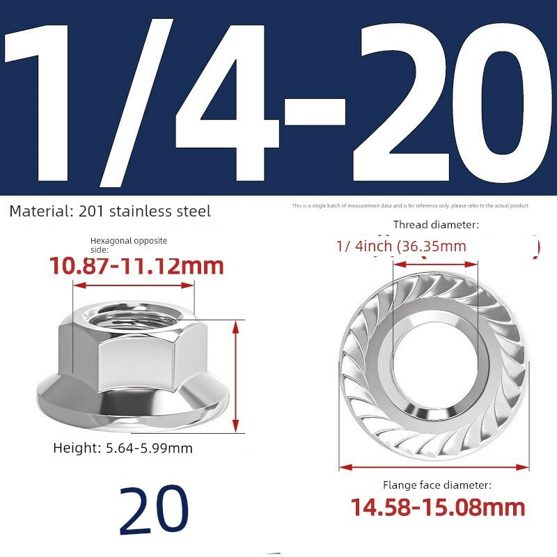 Американские стандартные фланцевые гайки 1/4-20UNC из нержавеющей стали 201, 20 штук для общего использования