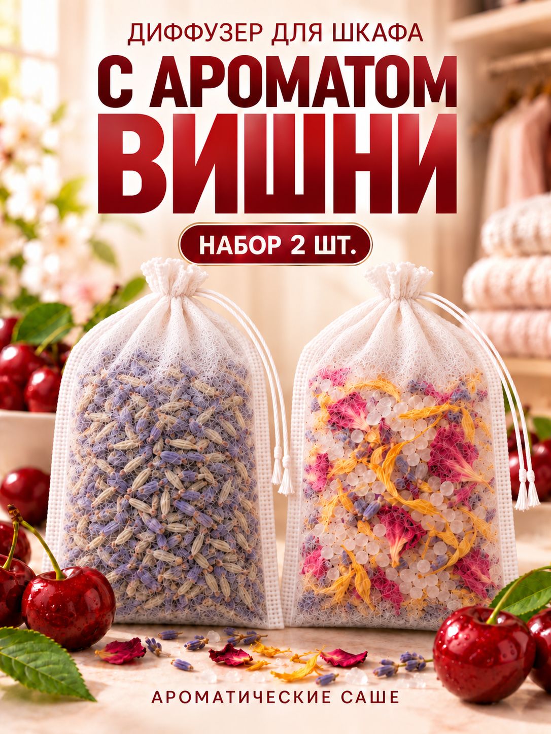 Саше для шкафа ароматическое Сладкая вишня и Лаванда натуральная, 2-е саше в подарок