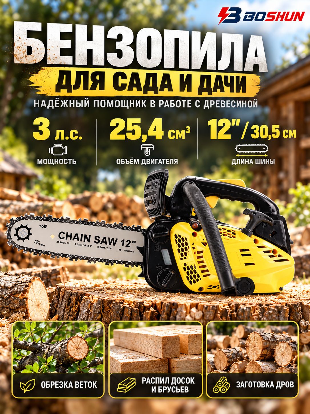 Бензопила цепная бензиновая BOSHUN, мини-пила 12 дюймов, 25,4 см, 3 л. с, для дачи, сада, обрезки веток и заготовки дров