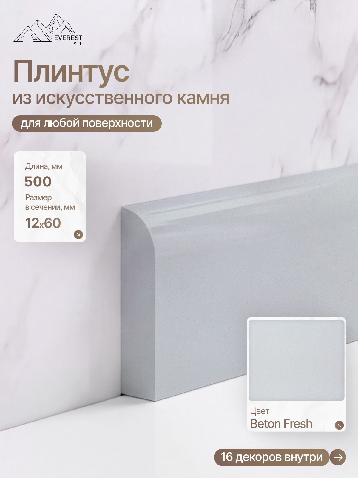 Плинтус-наличник из искусственного камня сечение 12x60 мм, длина 500 мм, Beton Fresh