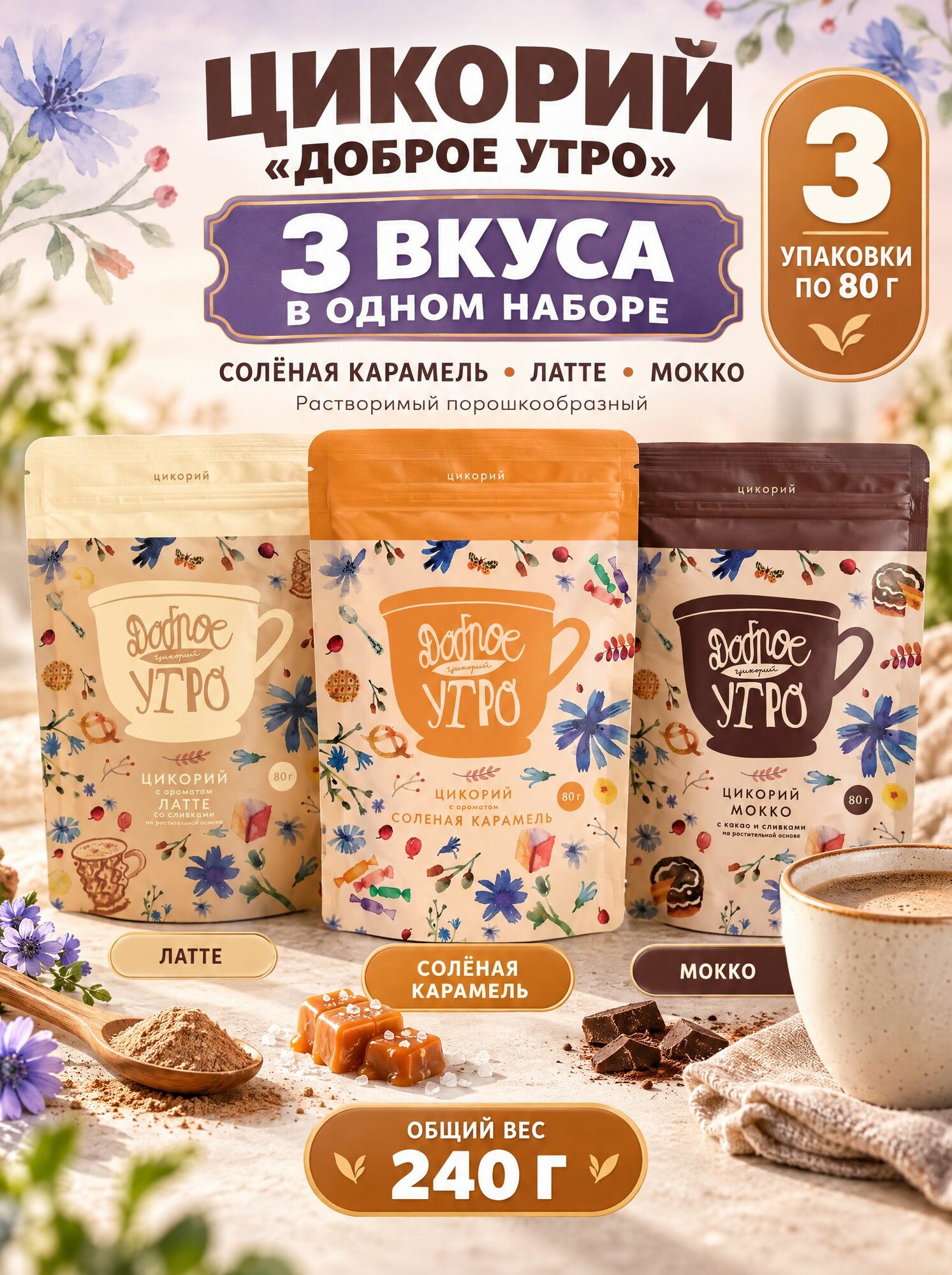 Цикорий растворимый Доброе утро ассорти 3 вкуса Латте Мокко Солёная карамель 3 упаковки по 80 г, 240 г