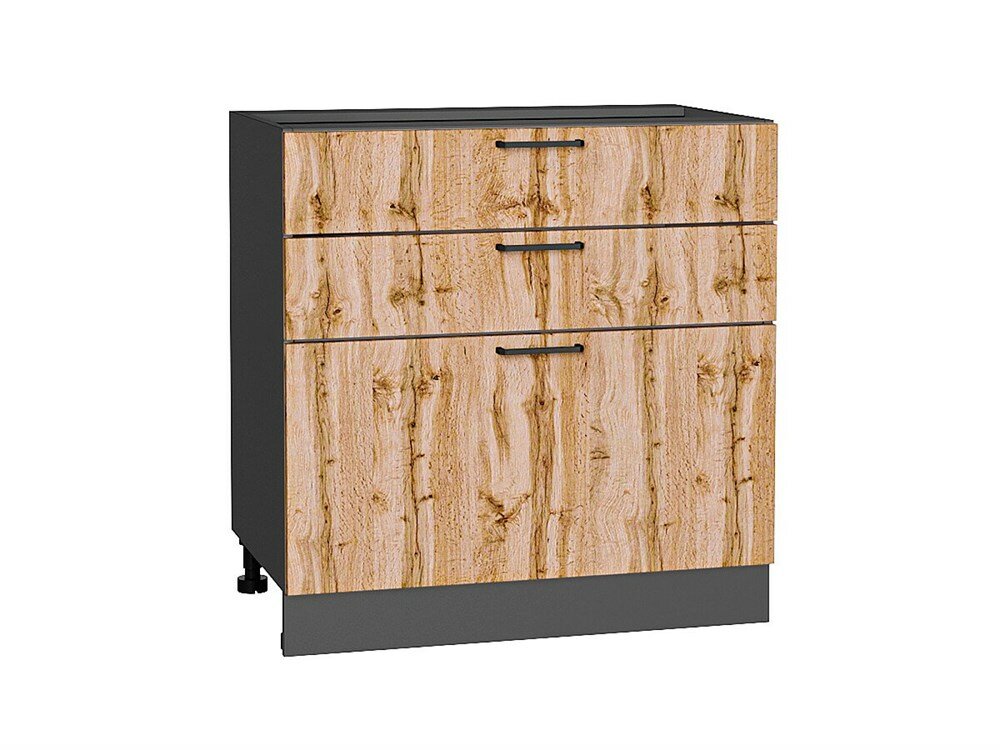 VVT Шкаф нижний с 3-мя ящиками Флэт Graphite, Wotan Oak 2S, 800 В*Ш*Г 816*800*478, фасад ЛДСП Wotan Oak 2S, корпус Graphite Wotan Oak 2S