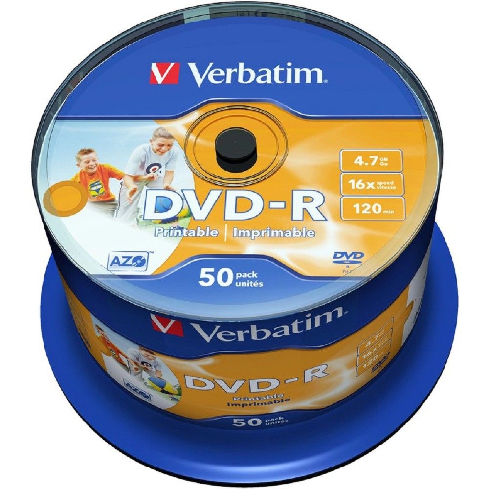 Verbatim Диск Диски DVD - R 4.7Gb 16х, Wide Photo InkJet Printable, 50шт, Cake Box 43533 43649