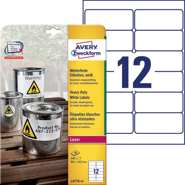 Всепогодные пленочные этикетки Avery Zweckform [L4776-20] (99.1x42.3 мм, 240 шт, 20 листов)