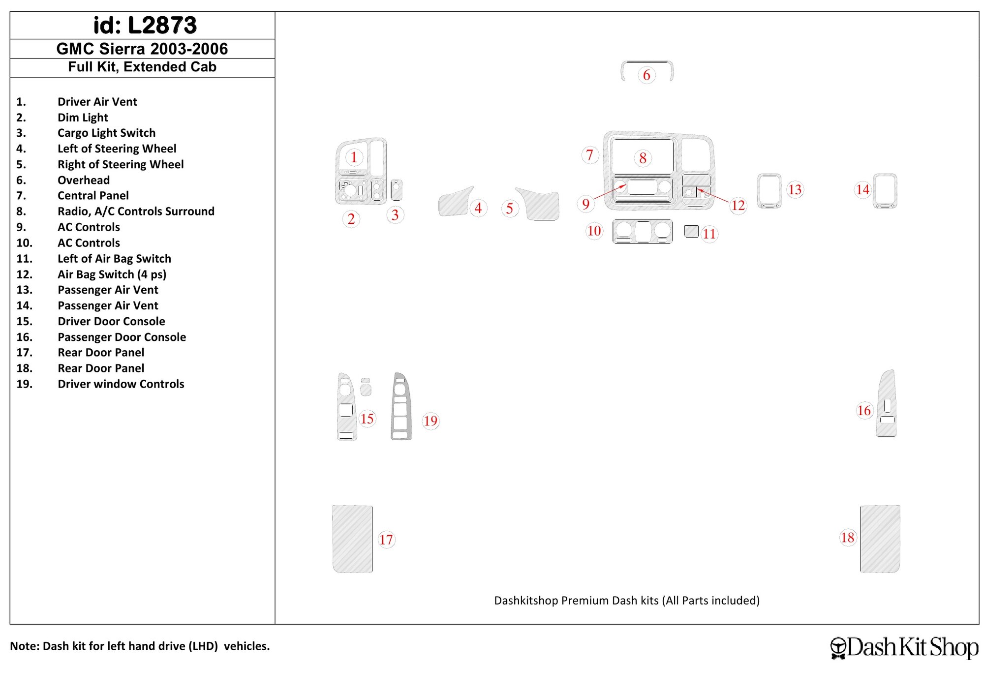 Декоративные накладки салона для GMC Sierra 2003-2006 Full kit, extended cab. Комплект L2873.