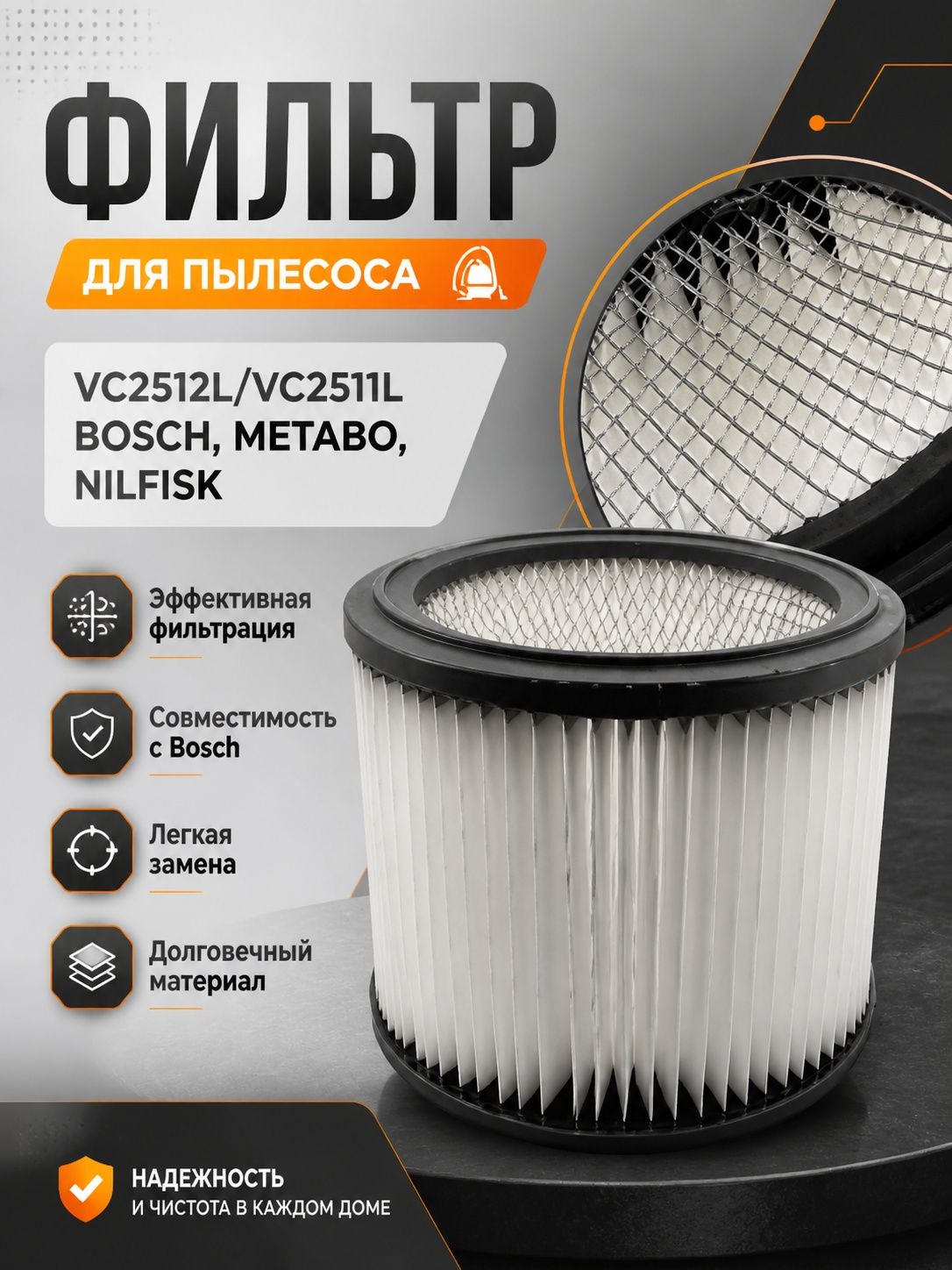Фильтр для пылесоса VC2512L/VC2511L, BOSCH , METABO , NILFISK