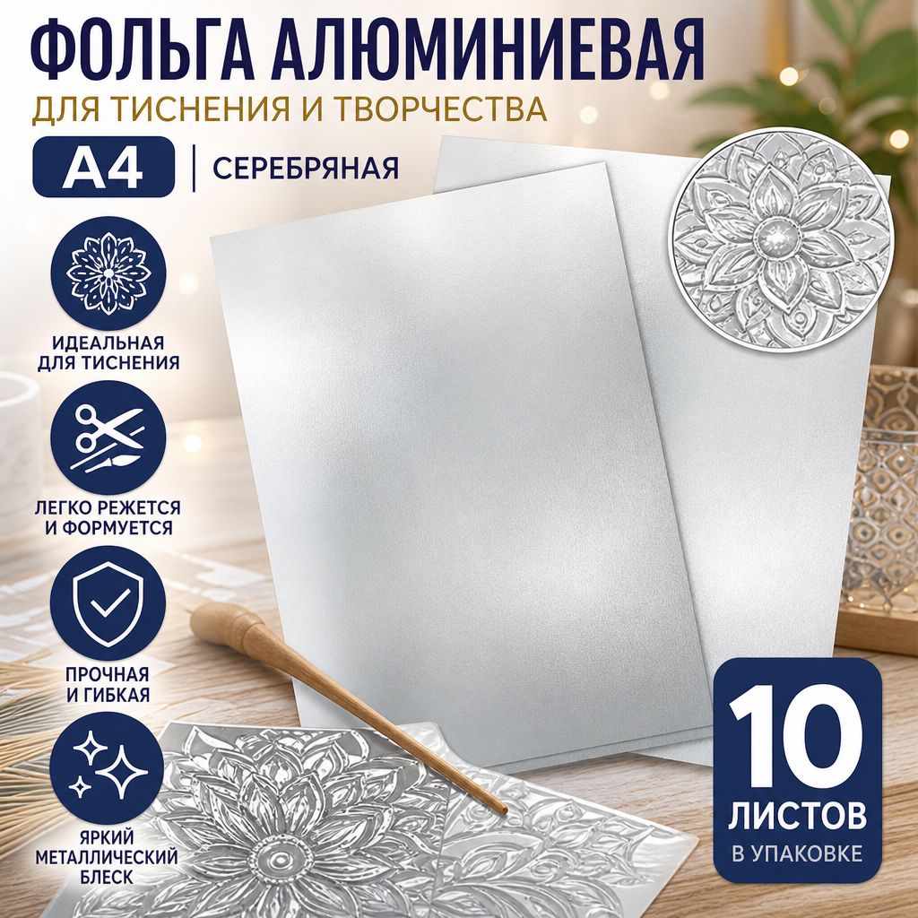 Фольга для чеканки А4 серебристая 9 листов