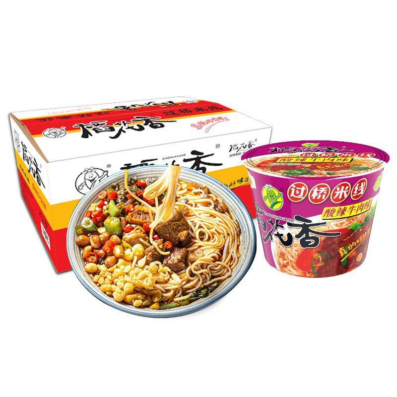 Мгновенная рисовая лапша Guoqiao Dao Hua Xiang, острый говяжий вкус, в ведре, 12 штук, упаковка