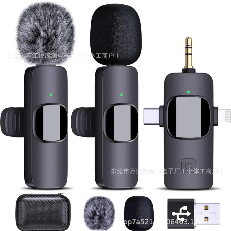 K15 Беспроводной петличный микрофон 2.4G с 2 приемниками, 2 ветрозащитами, USB-C адаптером, коробкой