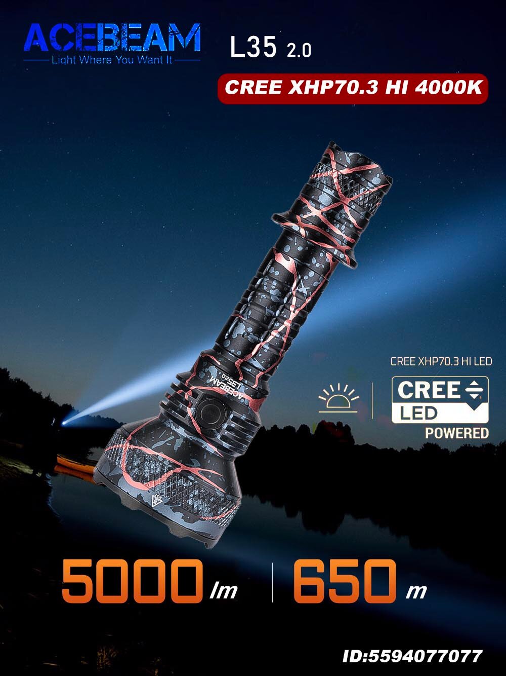 Acebeam Фонарь-прожектор Cree XH-P 70.3 выдающий 5000 люмен и дальность светового потока 650 метров