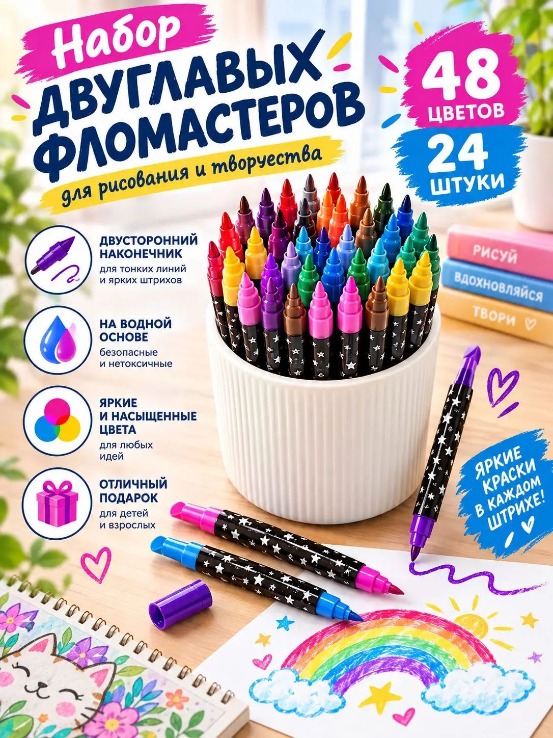 Набор маркеров Акварельный, толщина: 3 мм, 48 шт. для скетчинга, для граффити