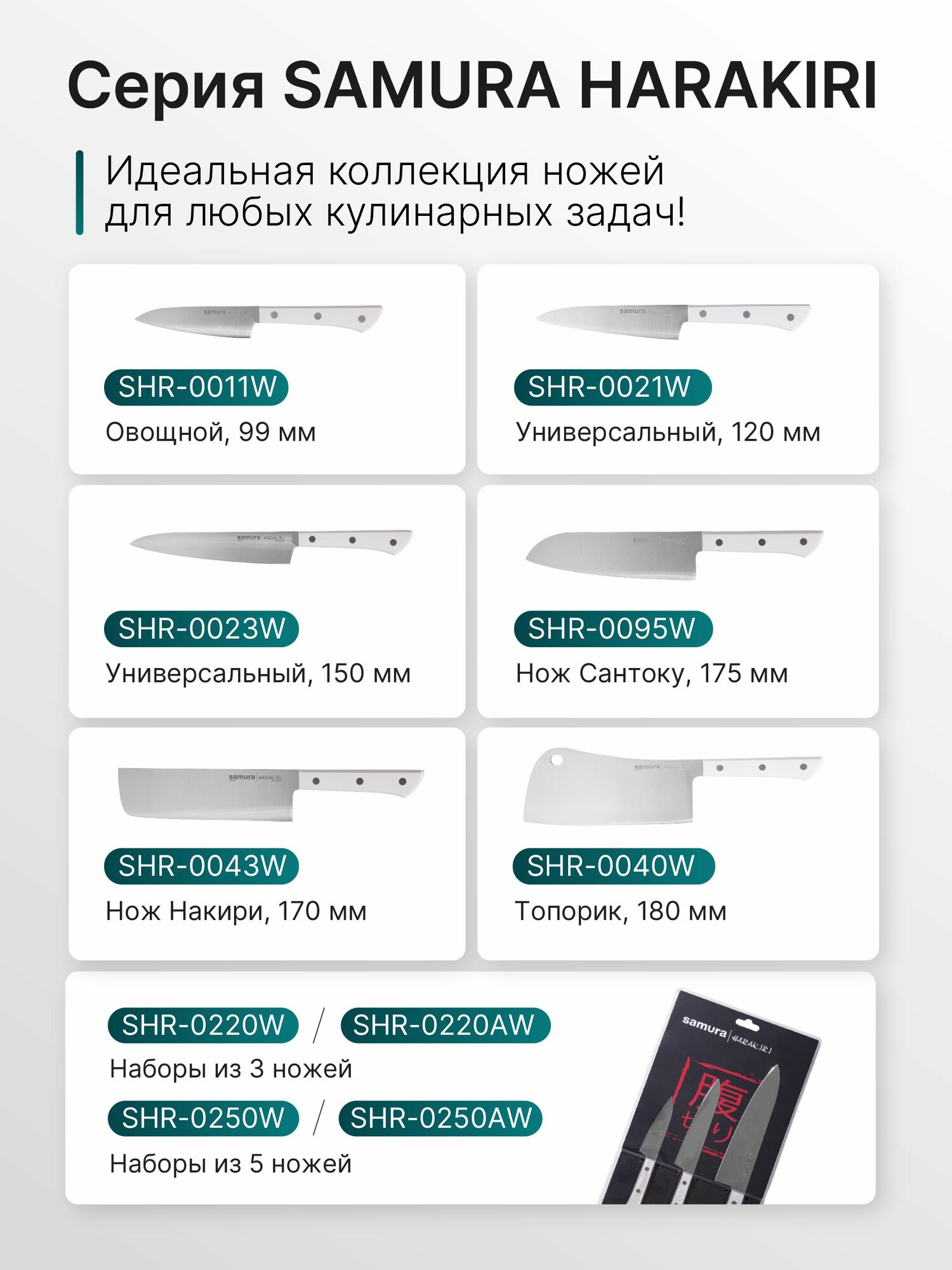 Набор ножей 5 в 1 "Samura HARAKIRI" 11,23,43,85,95, корроз.-стойкая сталь, ABS пластик
