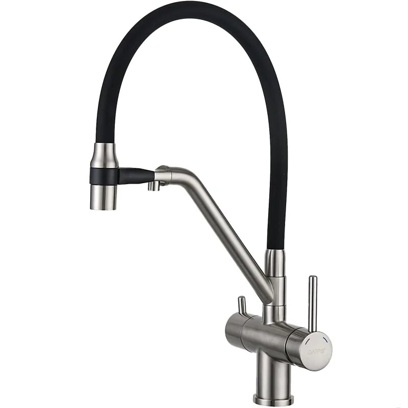 Смеситель для кухни Gappo G4398-85 с гибким изливом, с краном для питьевой воды, с поворотным изливом, черный, матовый, однорычажный, латунный, с керамическим картриджем