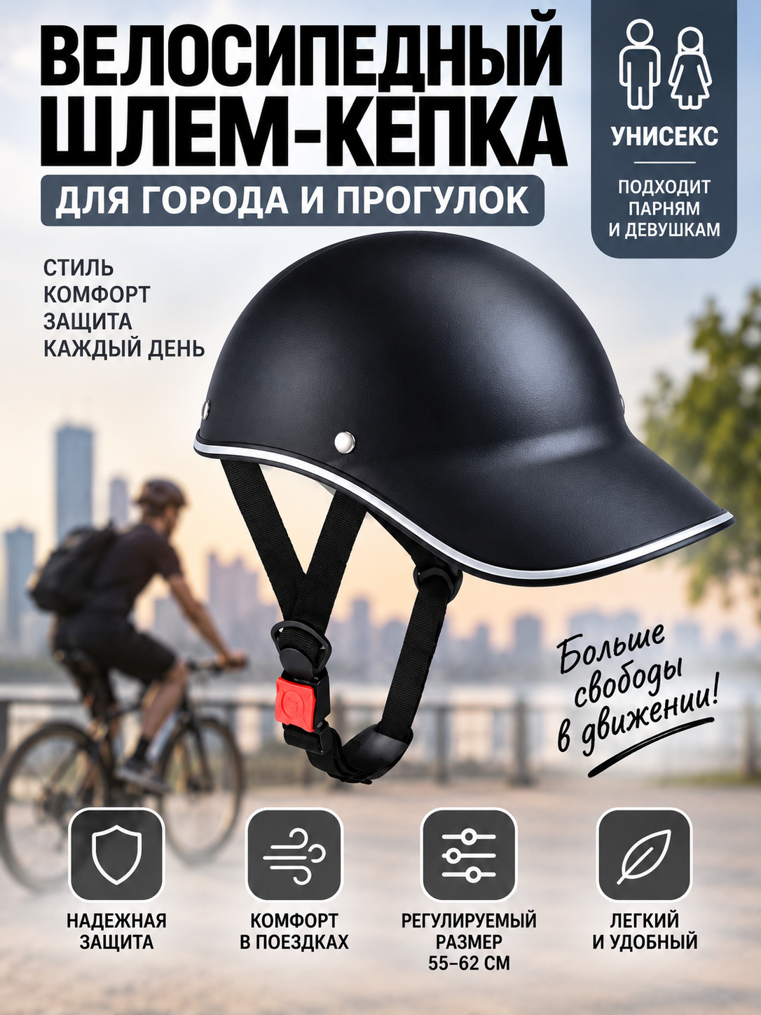 Велосипедный шлем-кепка для города и прогулок, вентилируемый, регулируемый, бело-красный, унисекс