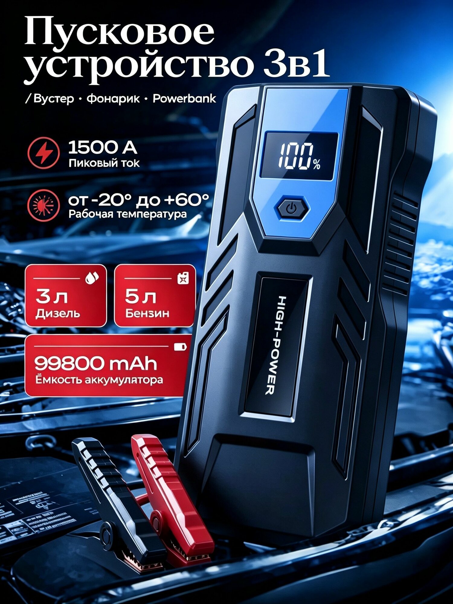 Портативное пусковое зарядное устройство для автомобиля c Power Bank и LED фонарем, 18800 мAч