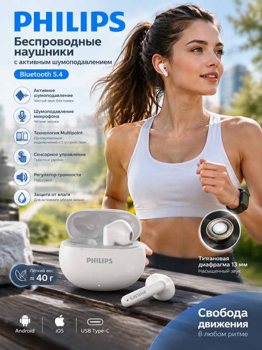 Белые спортивные TWS-наушники с активным шумоподавлением, Bluetooth 5.4 и кейсом для зарядки