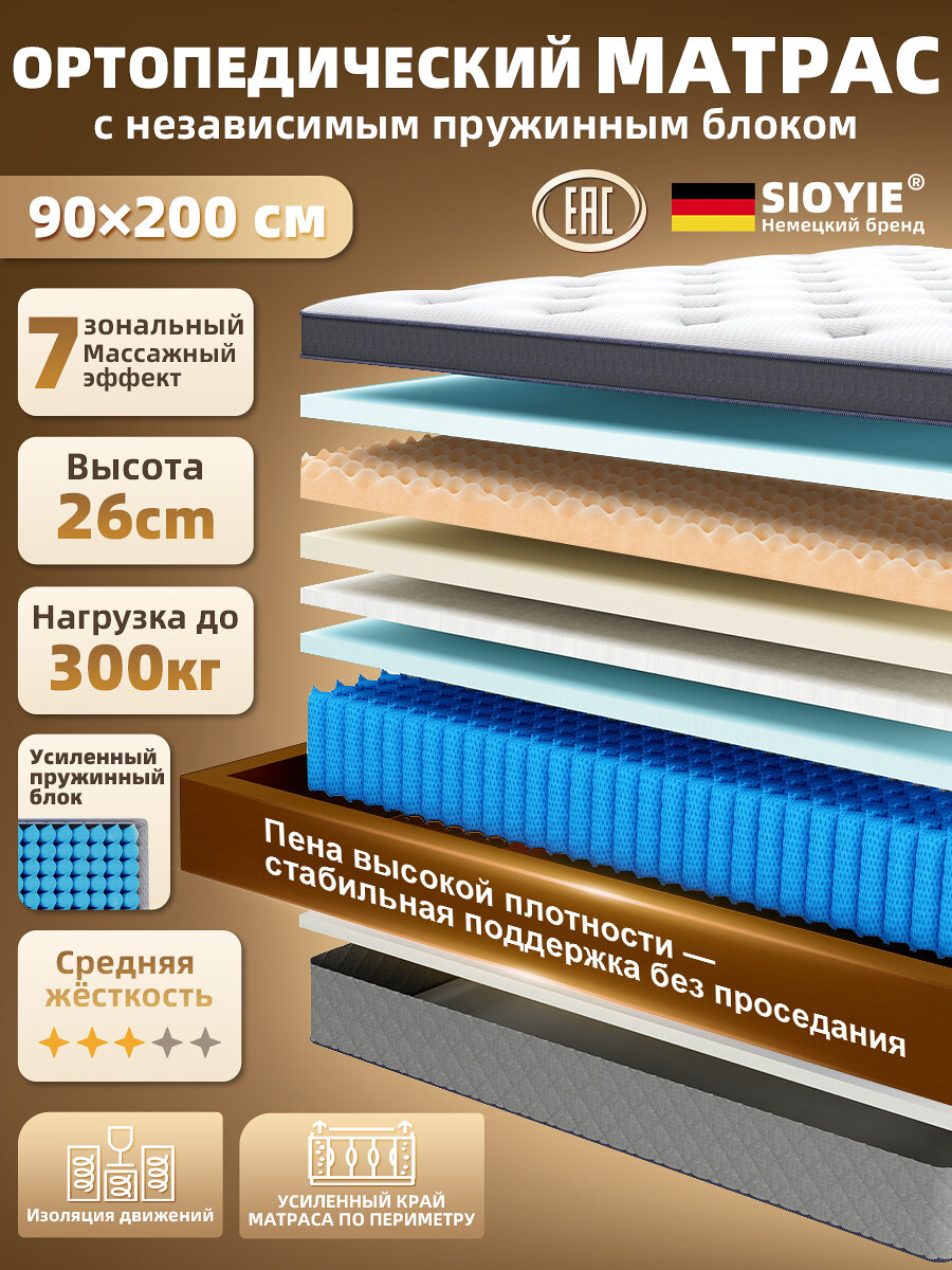 Матрас SIOYIE 90х200 см, пружинный ортопедический, с независимыми пружинами