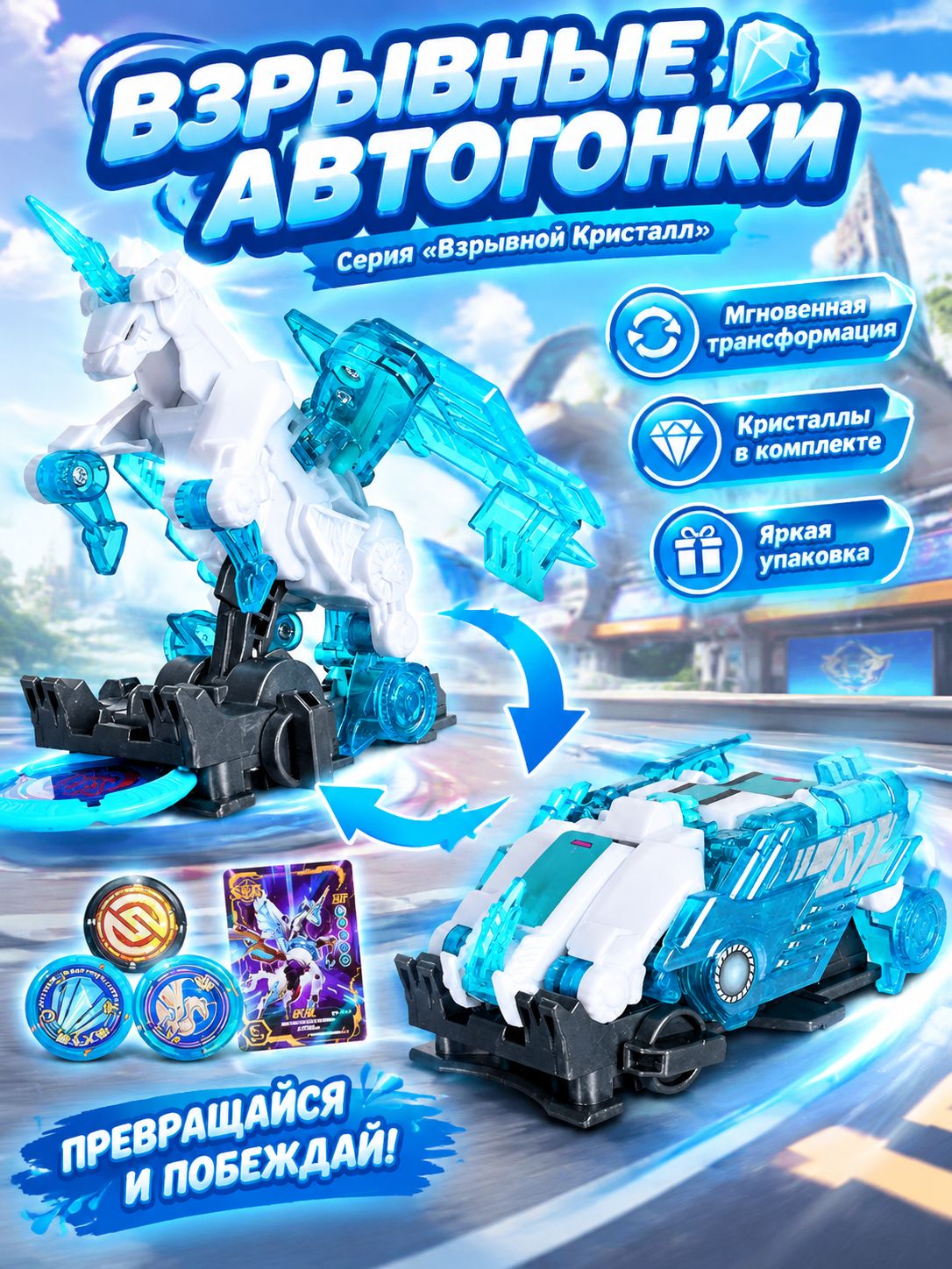 Игрушка трансформер Взрывные автогонки, единорог, машинка 2в1, мгновенная трансформация