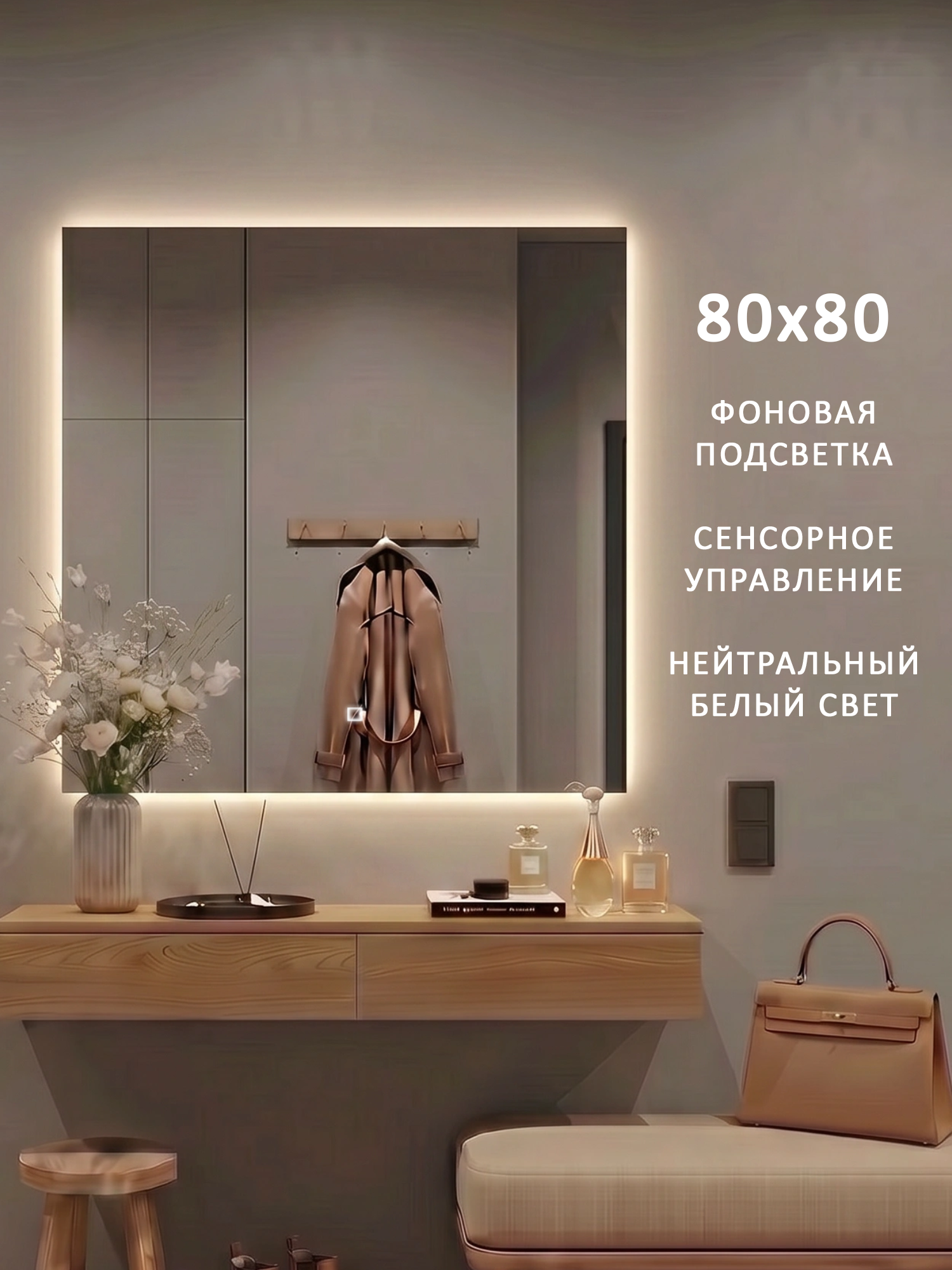 Зеркало настенное в прихожую Alias Квартал 80*80, нейтральная LED-подсветка, сенсор