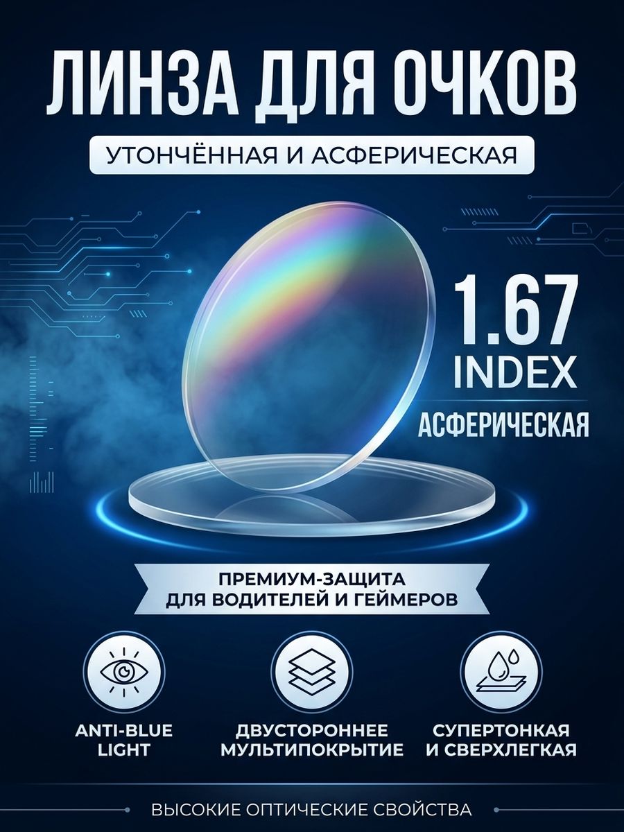 Линза для очков, сфера -4.25 Антифара с фильтром Blue Blocker Nikita индекс 1.67