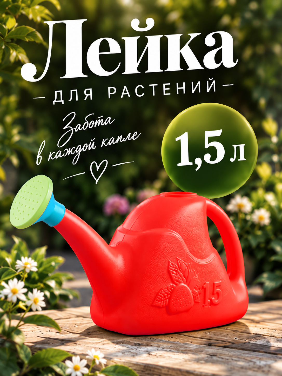 Лейка для цветов комнатных 1,5 л с рассеивателем, пластик, цвет красный