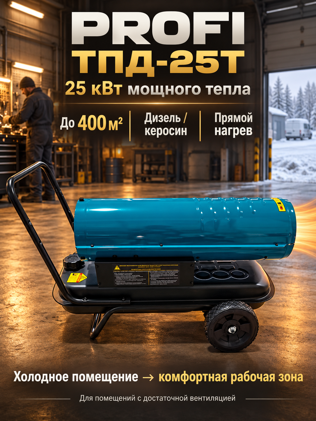 Пушка тепловая дизельная прямого нагрева PROFI ТПД-25Т (термостат, колеса) 25кВт, 400 кв. м, для дачи и гаража