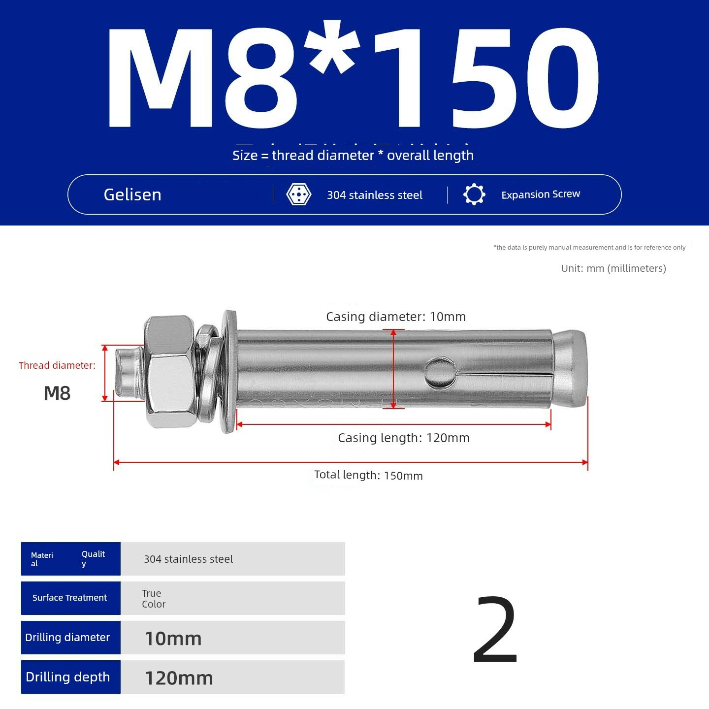 Оцинкованный распорный болт M8x150мм, стандартное качество, упаковка 2 шт. для бетонной анкеровки