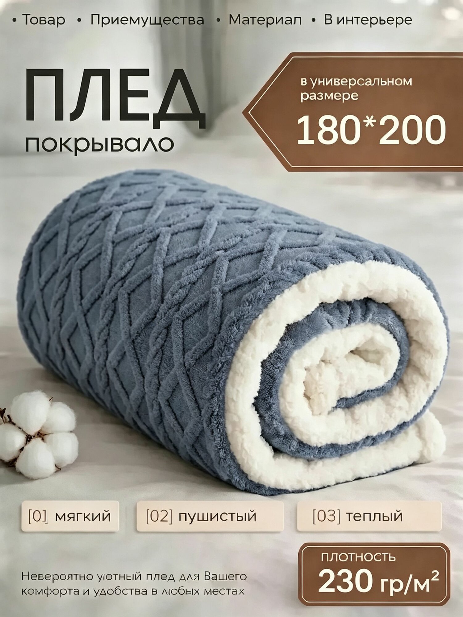 IKEA Плед 180x200 см плюшевый 3d-эффект лазурный