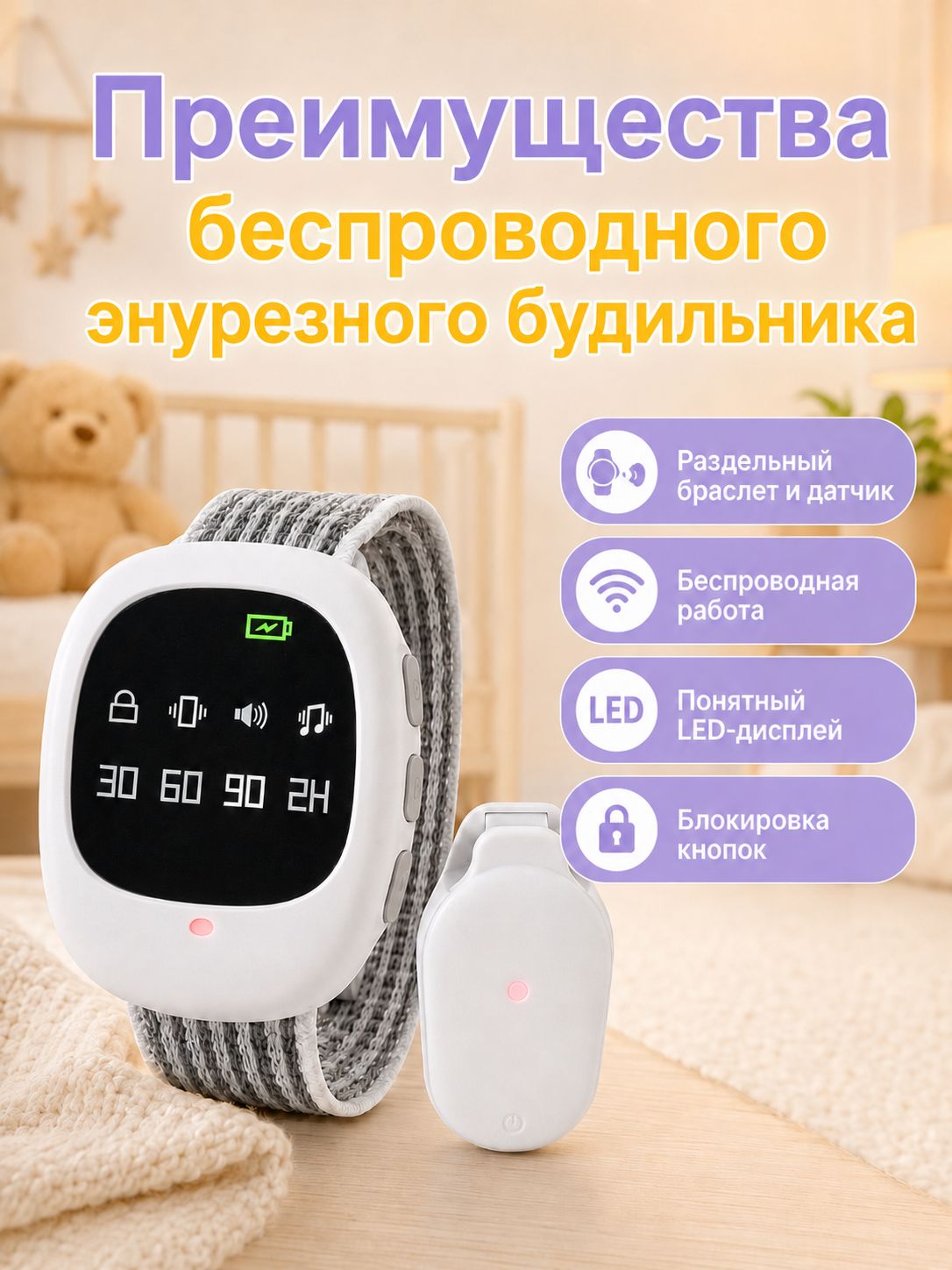 Энурезный будильник с браслетом для детей и взрослых, компактный