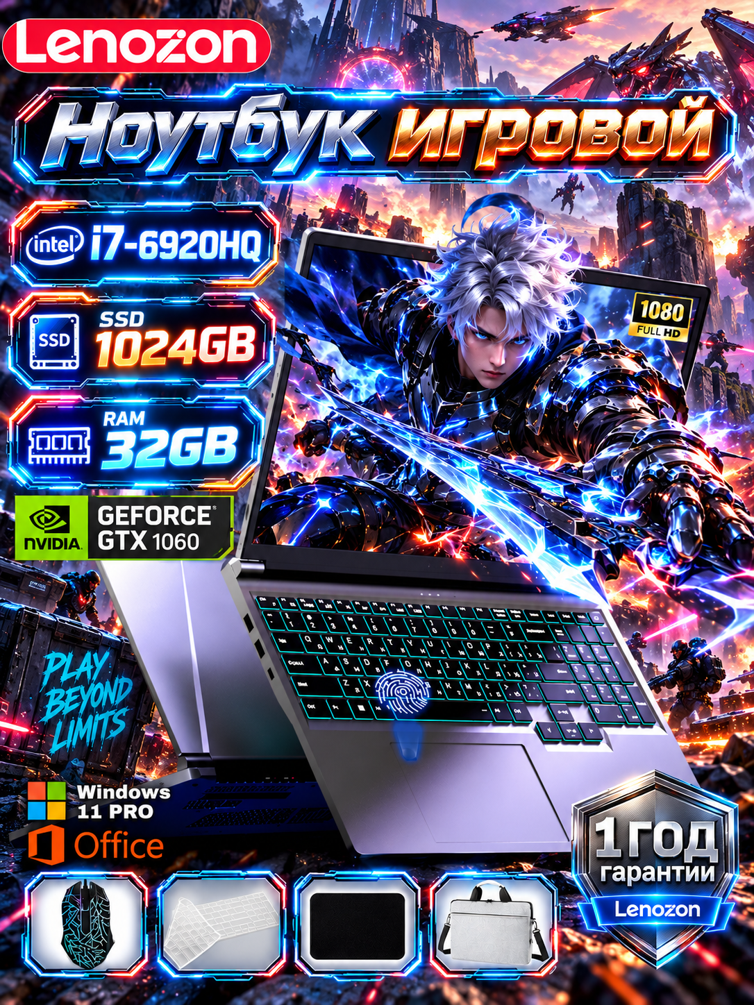 Lenozion Игровой ноутбук 16", Intel Core i7-6920HK, RAM 32 ГБ, SSD 1024 ГБ, NVIDIA GeForce GTX 1060 6 Гб, Windows 11 Pro
