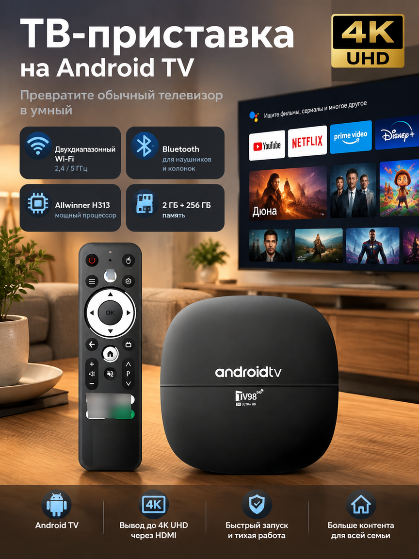 ТВ-приставка на Android TV: 4K UHD, 2/256 ГБ, двухдиапазонный Wi-Fi и голосовой пульт ДУ