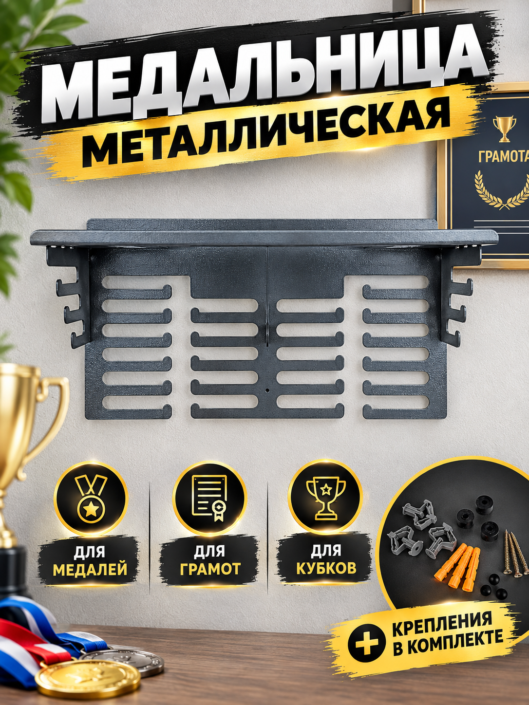Медальница с полкой мини серая
