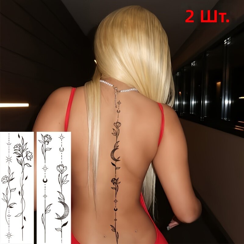 Временные тату-наклейки для тела, 2 шт. (модель BT026+027), линейный узор с цветами и луной, водостойкие, для рук, шеи, спины, талии и ног