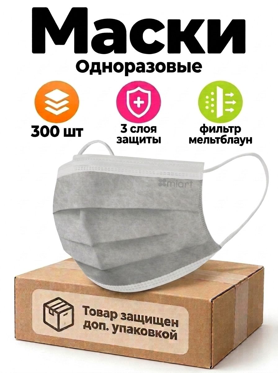 Маски одноразовые MIART спанбонд/мелтблаун, 3х сл. серые 300 шт. (6 уп.)