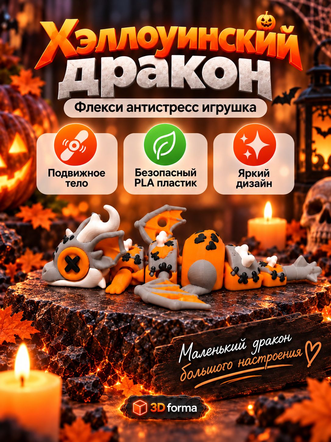 Хэллоуинский дракон 3д игрушка-антистресс, подвижная фигурка, 3D печать