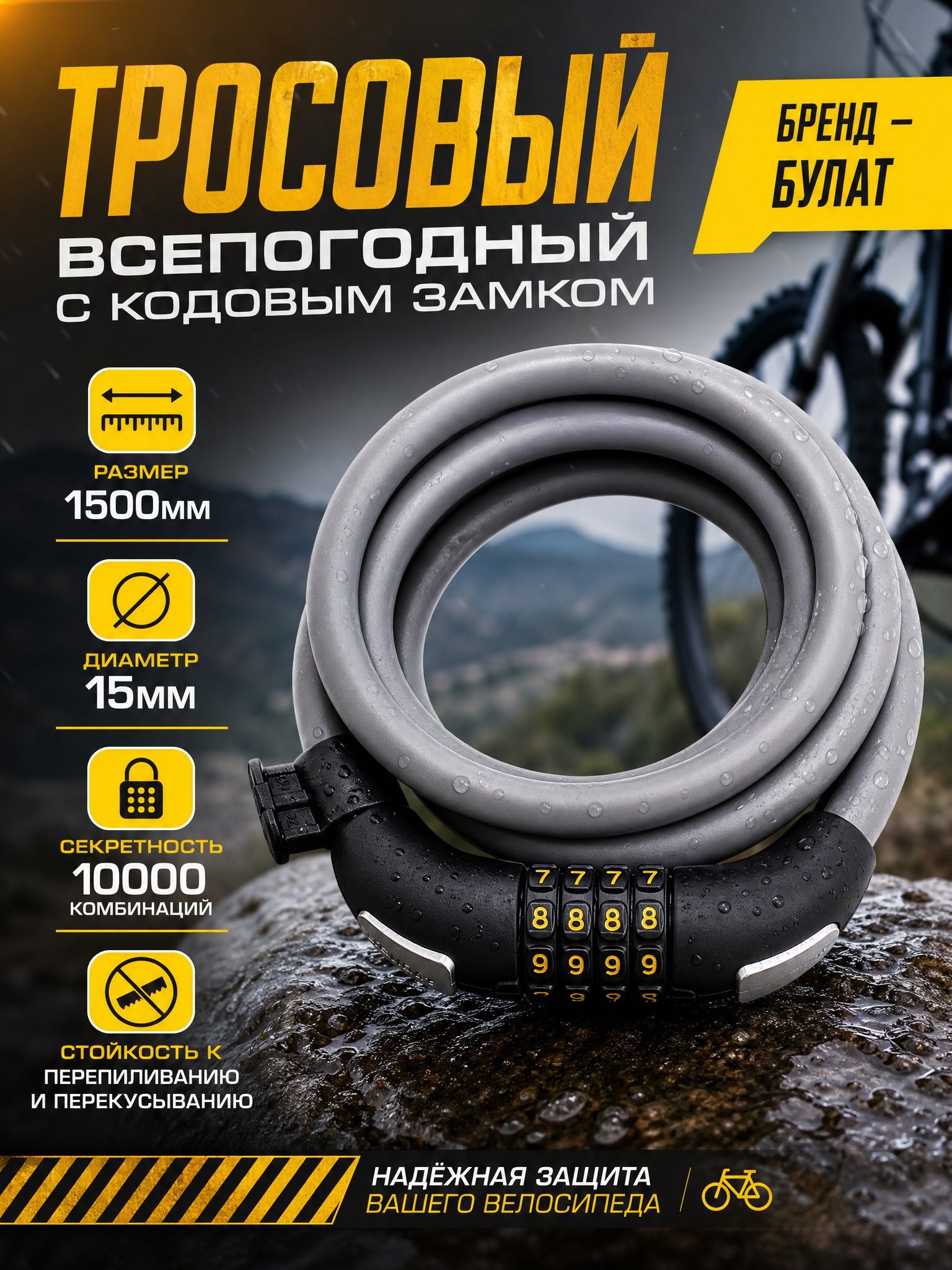 ХБ Замок велосипедный тросовый булат ВС 557 (d15*1500) кодовый, с креплением на раму велосипеда