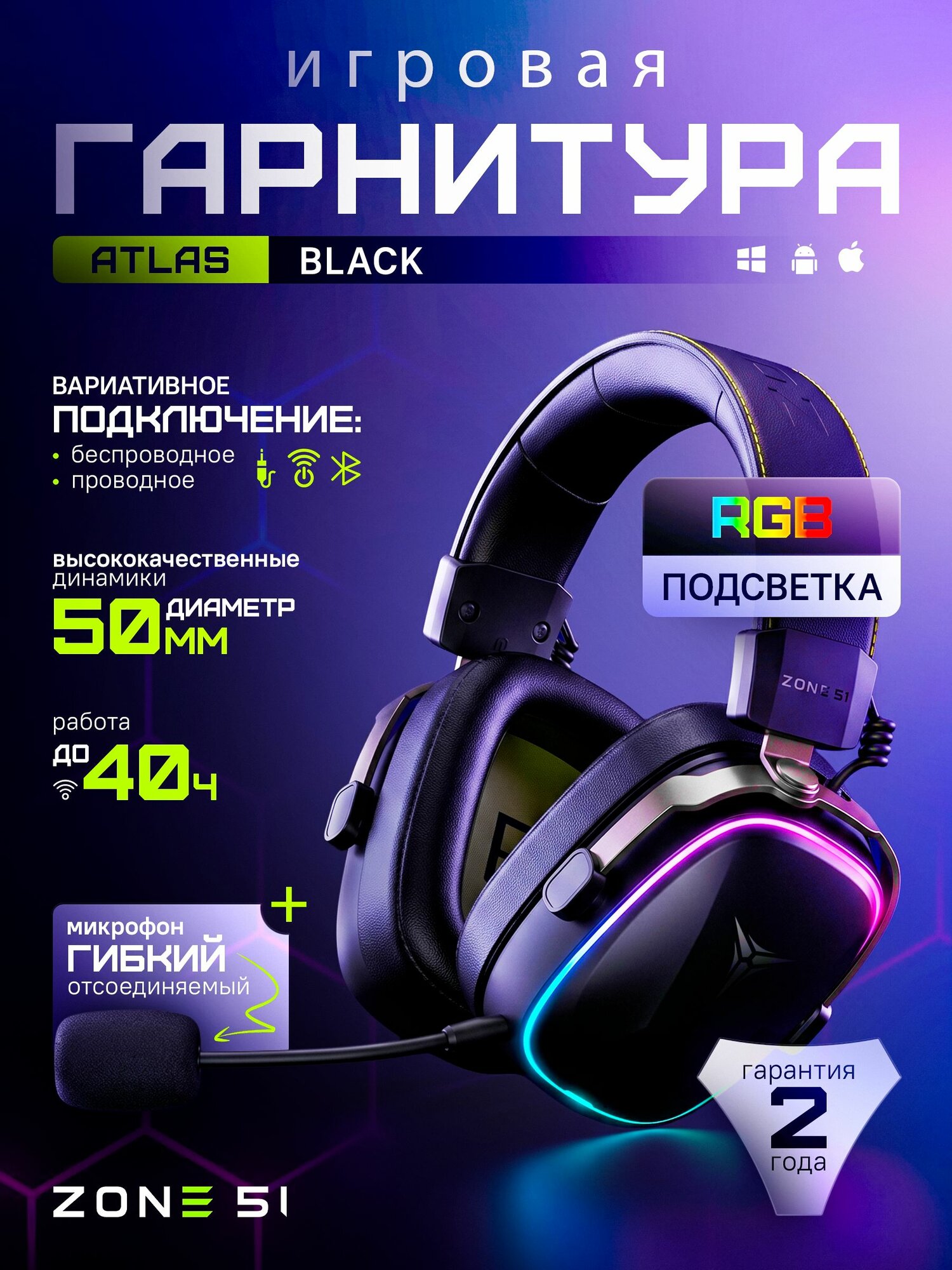Игровая беспроводная - проводная RGB гарнитура ZONE 51 ATLAS. Наушники Bluetooth, Радиоканал 2.4 ГГц