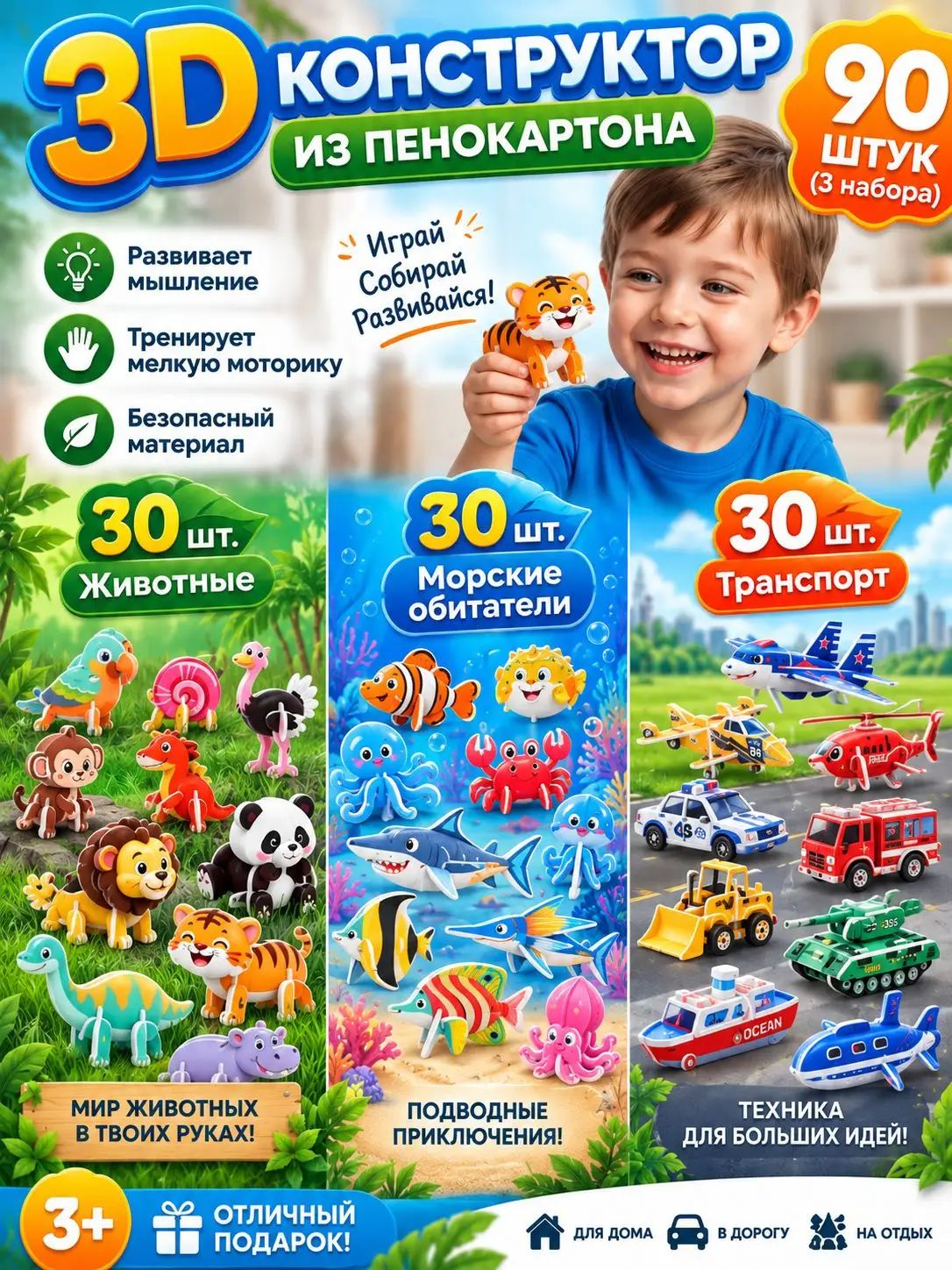 3D-конструктор из пенокартона для детей, 90 деталей, 3 набора в 1, животные, морские обитатели и транспорт, развивающая игрушка 3+