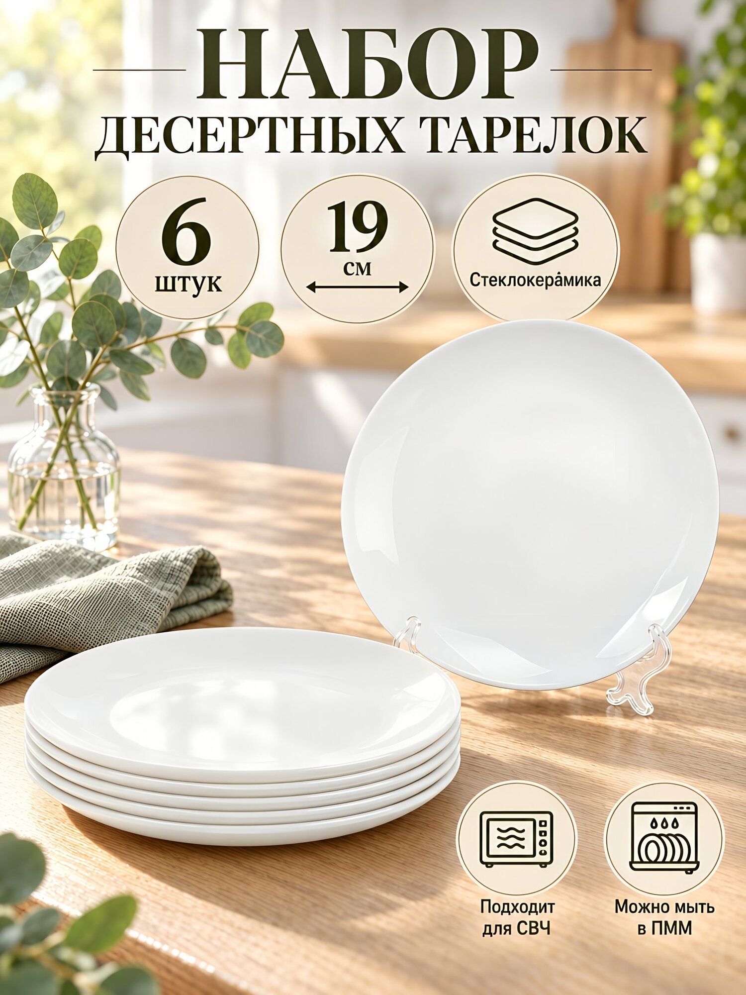 Набор десертных тарелок Daniks Бэль, стеклокерамика, белые, круглые, 19 см, 6 шт