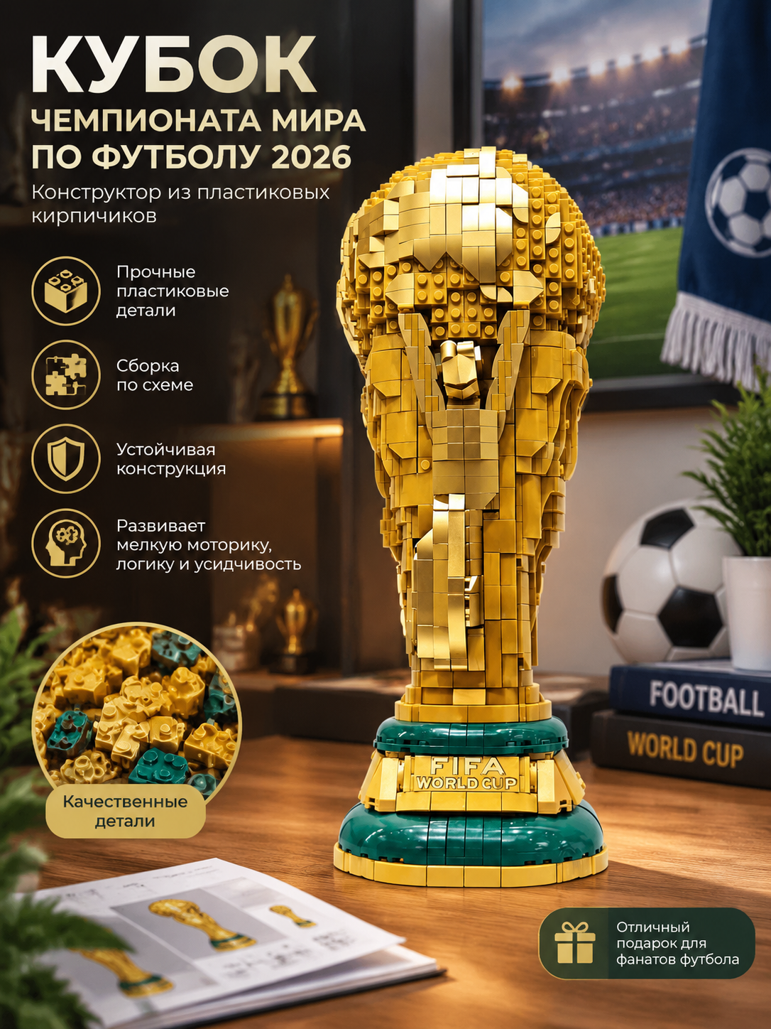 Конструктор Кубок чемпионата мира по футболу 2026, золотой трофей из кирпичиков с зелёной базой