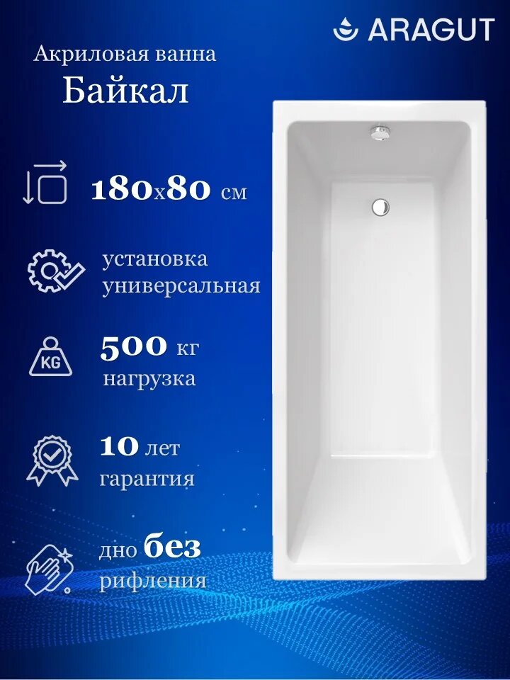 Акриловая ванна ARAGUT Байкал Щ0000063289 без опоры 180x80, пристенная, белая, глянцевая, прямоугольная, антискользящее покрытие
