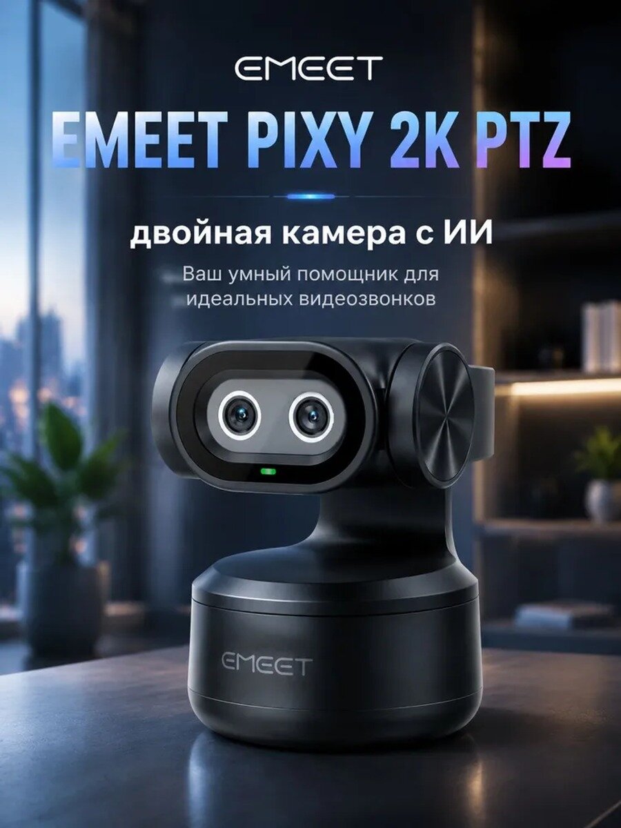 Веб-камера EMEET PIXY 2K PTZ с двойной камерой и ИИ, автофокус, 3 микрофона, черная