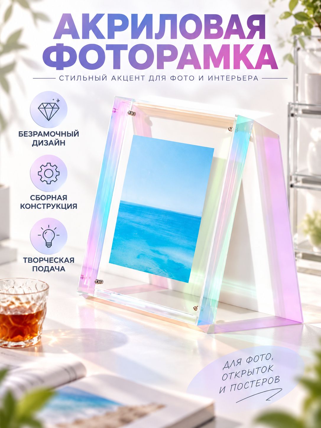 Фоторамка акриловая радужная, прозрачная сборная конструкция, для размещения фотографий и открыток на столе