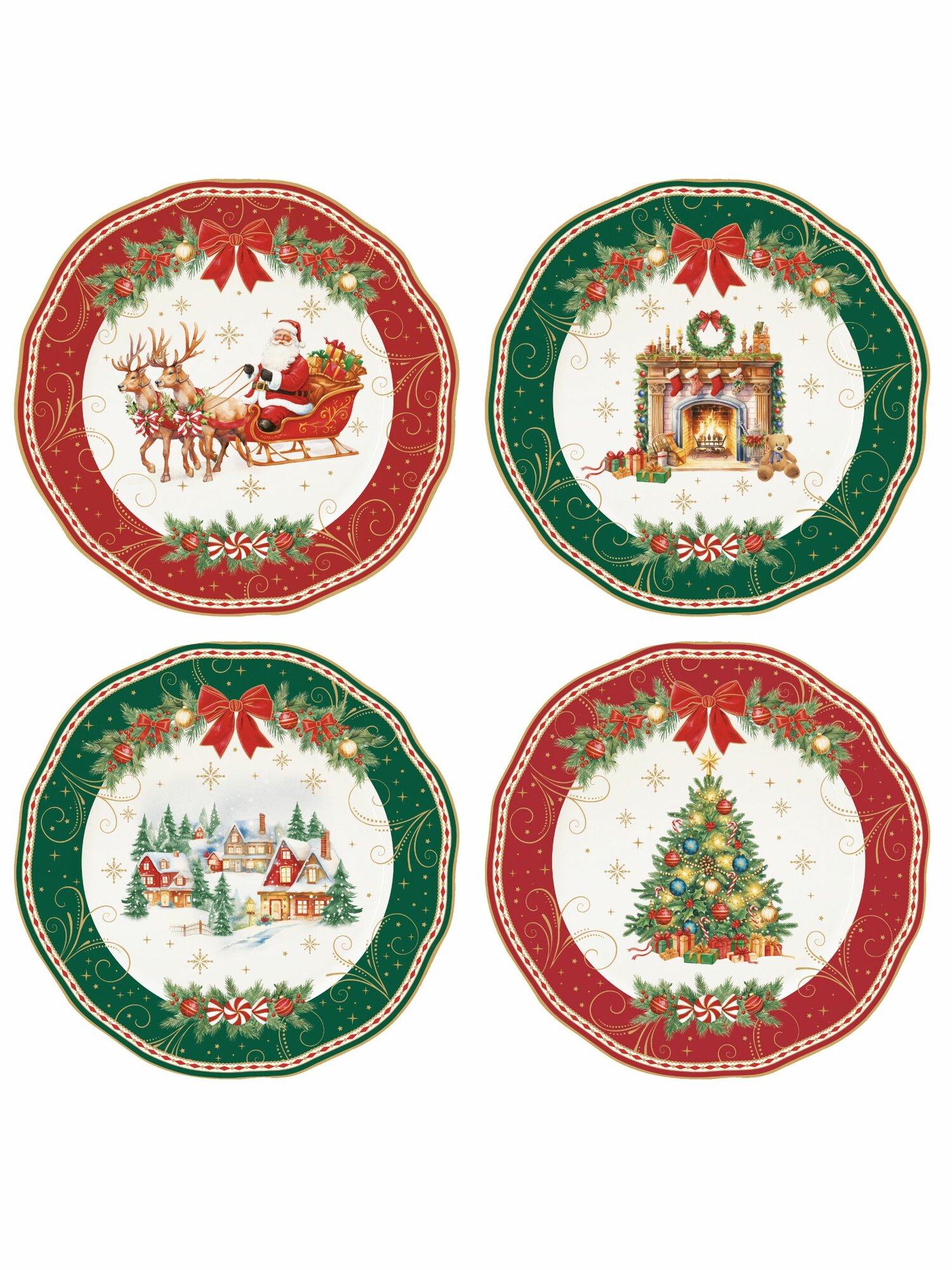 Набор из 4-х десертных тарелок 20 см Christmas Heritage фарфоровый новогодний для десертов и сервировки красный/зеленый