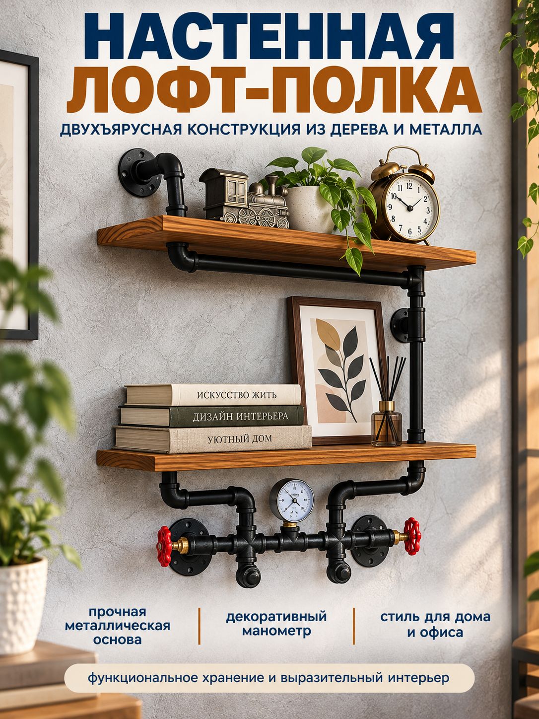 Настенная лофт-полка двухъярусная, из дерева и металла, прочная конструкция, для декора и книг в доме и офисе