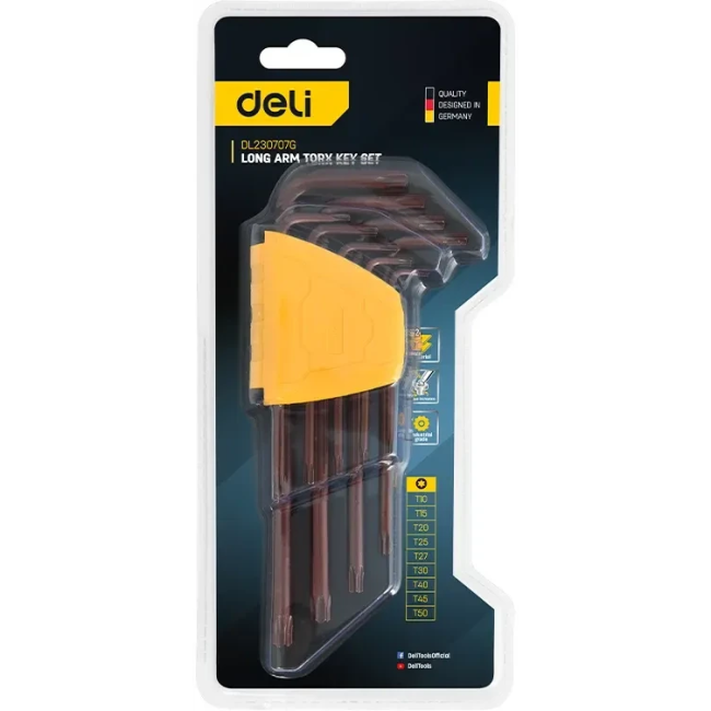 DL230707G Deli Набор шестигранных ключей TORX удлиненных Deli DL230707G 9 шт S2, размеры T10, T15, T20, T25, T27, T30, T40, — фото 1