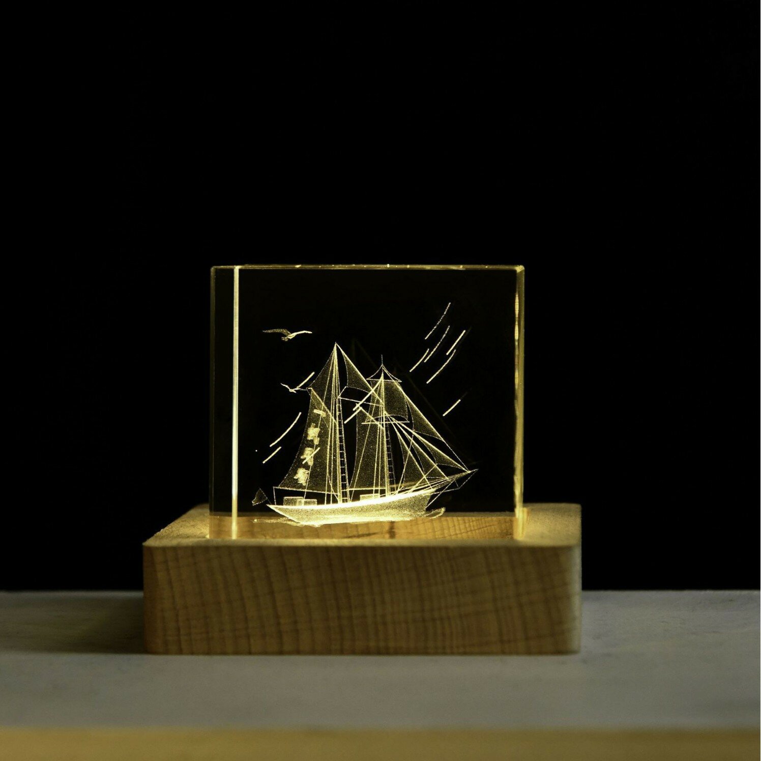 3D Резная Кристальная Кубическая Ночник, Парусник Свечение Декор Дом, 5см С Разноцветным USB База