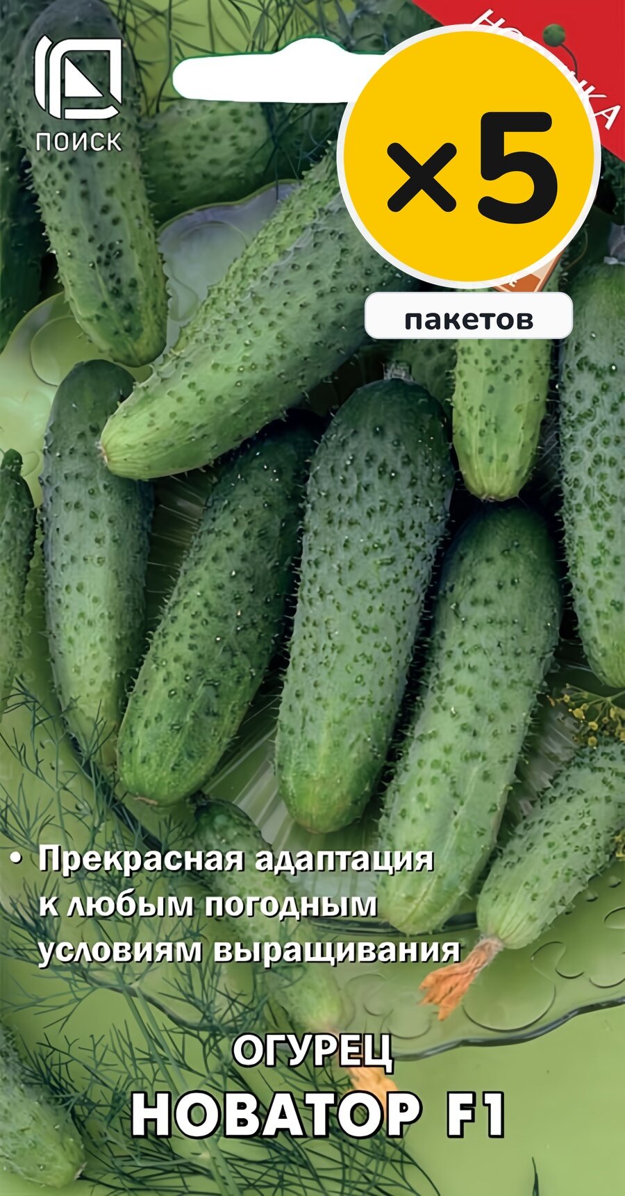 Семена огурца Новатор F1, 12 шт, 5 пакетов, Поиск, посев на рассаду в апреле–мае, для солнечных мест